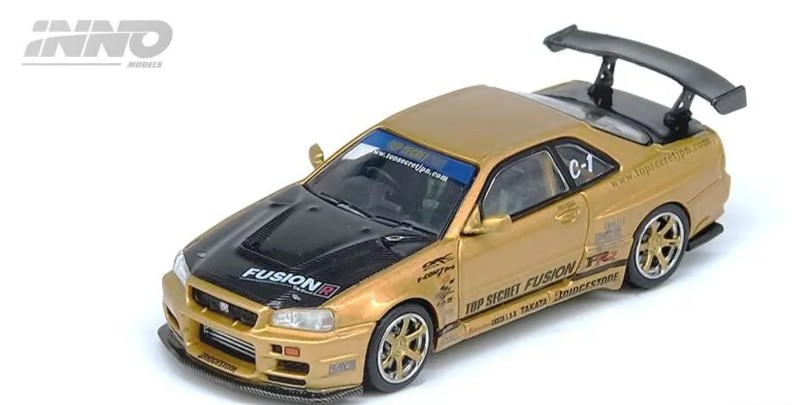 1:64 Scale. Top Secret Nissan Skyline GT-R (R34) in Gold - Motorfocus Diecast Models